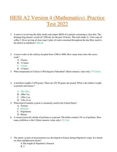 Hesi A2 Mathematicsversion 4practicequestions And Verified Answers