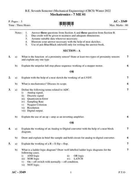 Ac3349 Subject Mechatronics 7 Me 01 Year Be Seventh