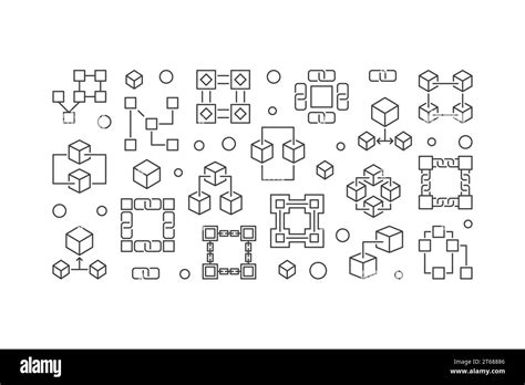 Block Chain Technology Horizontal Banner Vector Blockchain Illustration In Outline Style Stock