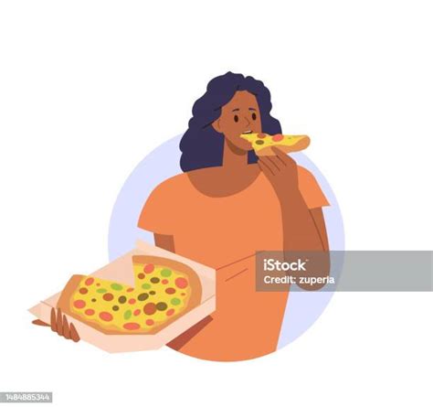 맛있는 패스트푸드 조각을 먹는 상자에 테이크 아웃 맛있는 피자를 들고 있는 젊은 여자 건강에 좋지 않은 음식에 대한 스톡 벡터