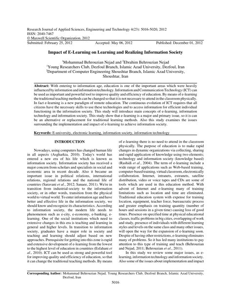 Pdf Impact Of E Learning On Learning And Realizing Information Society