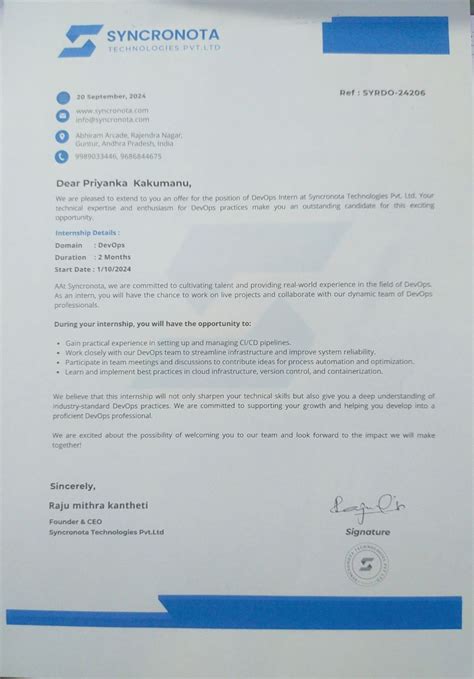 applying for devops internship at syncronota priyanka kakumanu posted