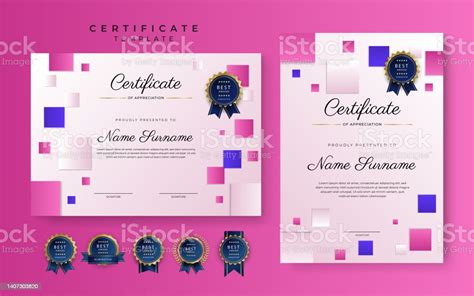 고급 배지와 현대적인 라인 패턴과 업적 경계 템플릿의 현대 블루 핑크 인증서 수상 비즈니스 및 교육 요구 사항 모던 양식에 대한 스톡 벡터 아트 및 기타 이미지 Istock