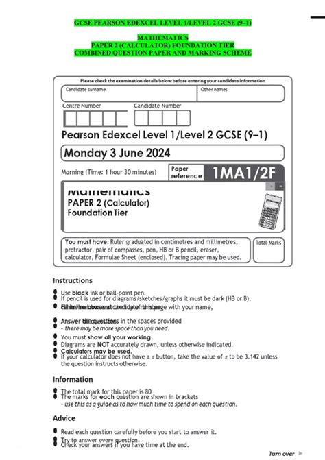 Gcse Pearson Edexcel Level 1 Level 2 Gcse 9 1 Mathematics Paper 2 Calculator Foundation Tier