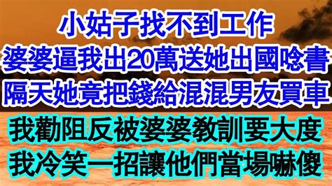 小姑子找不到工作，婆婆逼我出20萬送她出國唸書，隔天她竟把錢給混混男友買車，我勸阻反被婆婆教訓要大度，我冷笑一招讓他們當場嚇傻 真情故事會