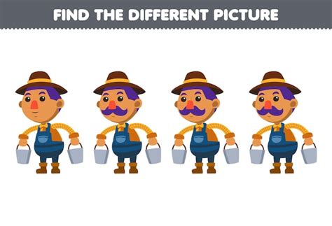 어린이를 위한 교육 게임은 인쇄 가능한 농장 워크시트를 들고 있는 귀여운 만화 콧수염 농부의 다른 그림을 찾습니다 프리미엄 벡터