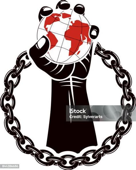 강한 남자의 근육 쥔된 주먹 철 사슬에 의해 둘러싸인 지구 지구 벡터 일러스트 레이 션을 하 고 혁명 지도자 개념 남북 전쟁 추상 그림입니다 Championship에 대한