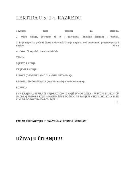 Dnevnik Vo Enja Lektire 3 I 4 Razred Pdf