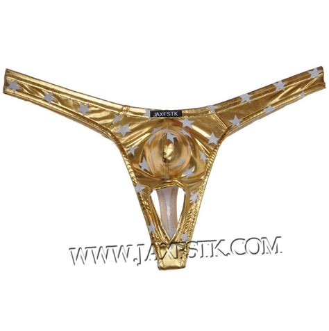 Sexy Men Ball Hole Faux Pouch Underwear Shiny Star T Back Nuts Out
