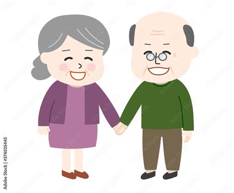 Elderly Couple Smile Holding Hands Vector Illustration Isolated On