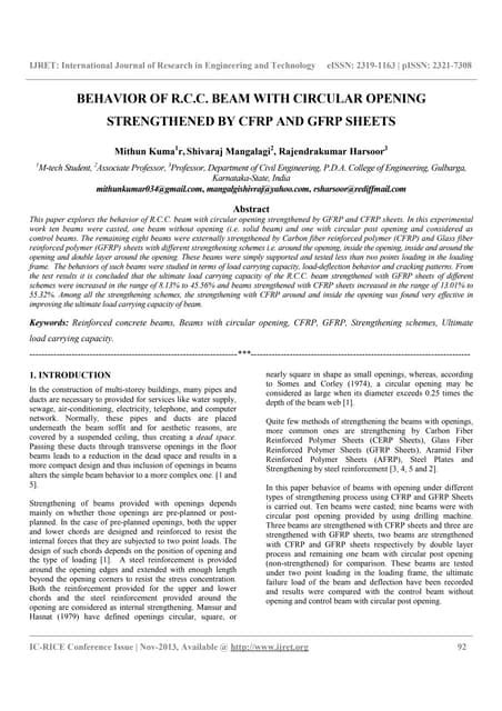Behavior Of R C C Beam With Circular Opening Strengthened By Cfrp And Gfrp Sheets Pdf