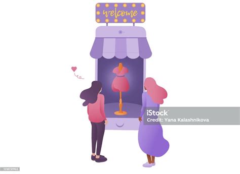 드레스와 상점 창으로 스마트 폰으로 온라인 개념을 쇼핑 두 소녀가 서서 그것을 응시했다 벡터 Po에 대한 스톡 벡터 아트 및