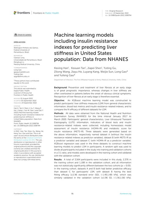 Pdf Machine Learning Models Including Insulin Resistance Indexes For Predicting Liver
