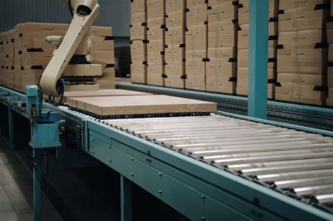 Material Handling And Palletizing Robot Transporting Load Of Boxes On Conveyor Belt Stock