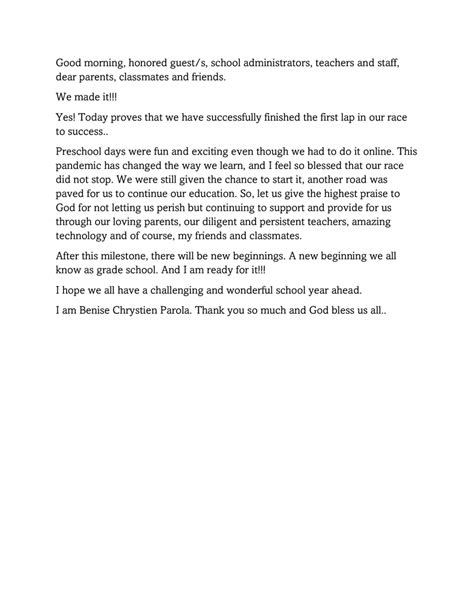 Graduation Speech For Kindergarten Tagalog Printable Pdf Template