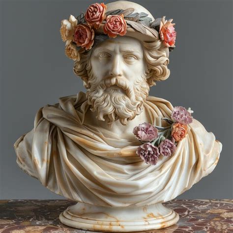 A Statue Of A Man With Flowers On His Head Is Covered In Flowers