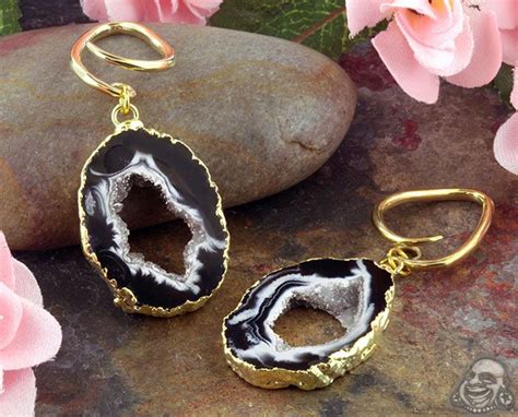 Gold Dipped Geode Slice Weights With Brass Coils Stretched Ear Lobes
