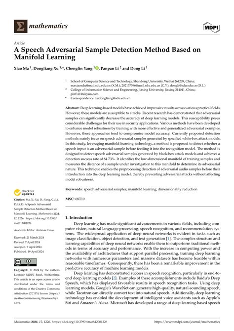 Pdf A Speech Adversarial Sample Detection Method Based On Manifold Learning