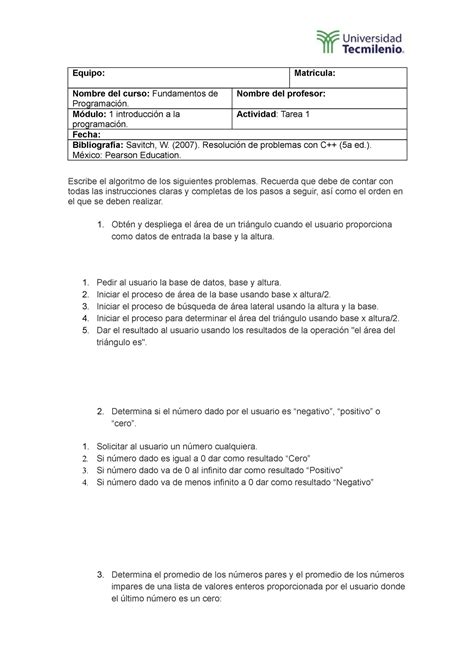 Tarea 1 Fundamentos De Programacion Modulo 1 Equipo Matrícula
