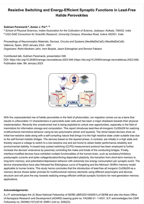 Pdf Resistive Switching And Energy Efficient Synaptic Functions In Lead Free Halide Perovskites