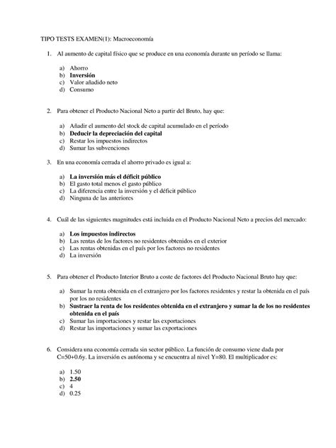Tipo Test Examen 1 Macroeconomía TIPO TESTS EXAMEN 1