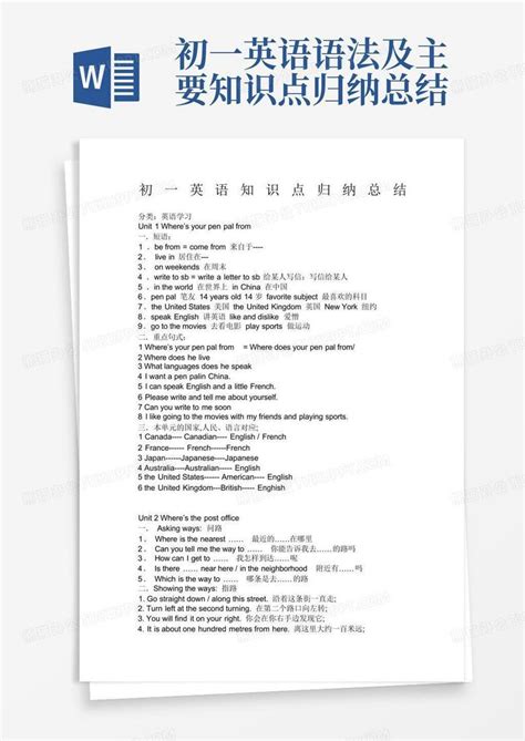 初一英语语法及主要知识点归纳总结Word模板下载 编号qgmyjyve 熊猫办公