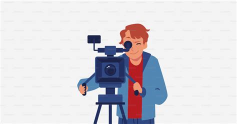 전문 카메라맨 또는 비디오 오퍼레이터가 비디오를 촬영하고 흰색 배경에 분리된 평면 벡터 일러스트레이션을 촬영한다 삼각대에 카메라 뒤에 있는 남자의 만화 캐릭터 벡터