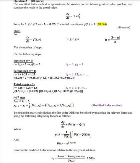 Solved Question 2 40 Marks Use Modified Euler Method To