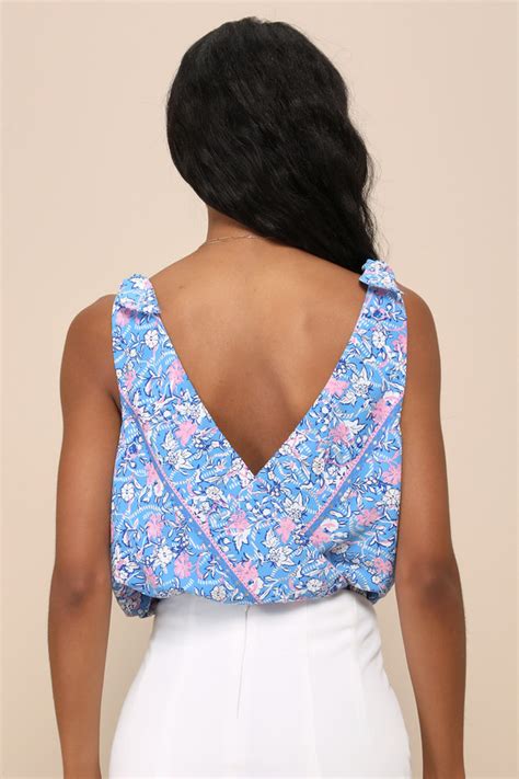Blue Floral Bodysuit Surplice Bodysuit Tie Strap Bodysuit Lulus