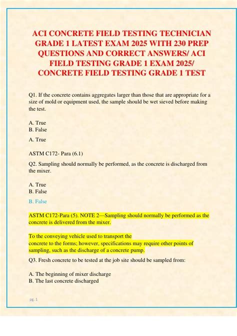 Aci Concrete Field Testing Technician Grade 1 Latest Exam 2025 With 230 Prep Questions And