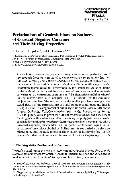 Pdf Perturbations Of Geodesic Flows On Surface Of Constant Negative Curvature And Their Mixing