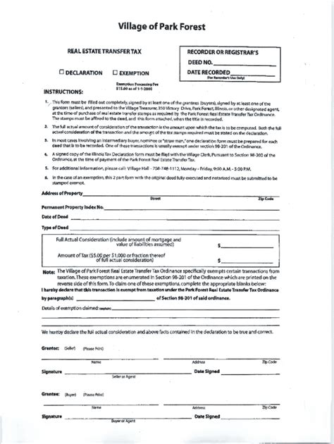 Fillable Online Transfer Declaration Form Park Forest Il Fax Email