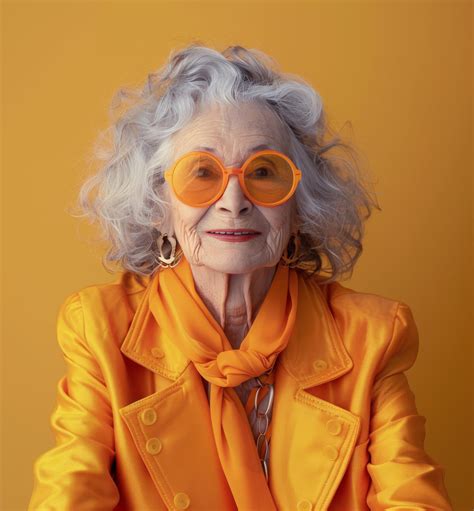 Smiling Senior Woman In Yellow Outfit And Sunglasses Against Yellow