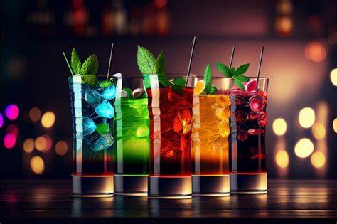Premium Photo Several Alcoholic Cocktails On The Bar Ai Generated