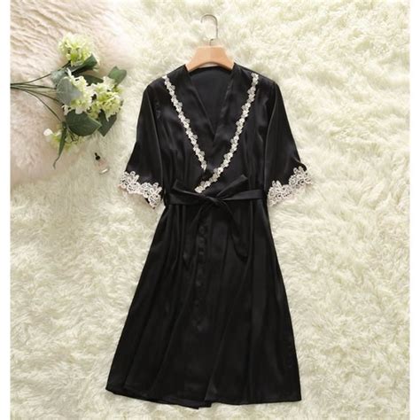 Pyjama en soie long Haut de qualité grande taille Robes noires pour femmes vêtements de nuit