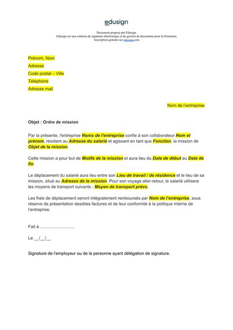 Ordre De Mission Mod Le Gratuit En Format Word Pdf Edusign