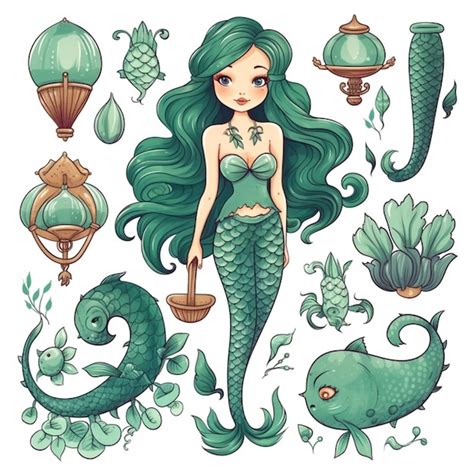 Uma Sereia Cabelo Verde E Cauda De Peixe Verde Cercada Por Plantas