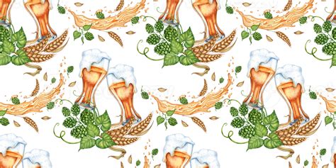Two Glasses Of Beer With Splashes Hops And Ears Wheat Pattern