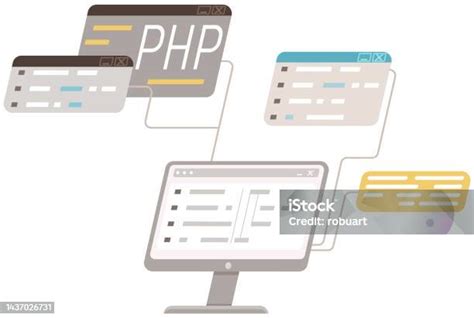 웹 개발 작업 Php에서 스크립트 코딩 및 프로그래밍의 개념 자바 스크립트 파이썬 다른 언어 0명에 대한 스톡 벡터 아트 및