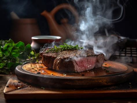Generative Ai Perfectly Cooked Beef Steak On Rustic Wooden Table Stock