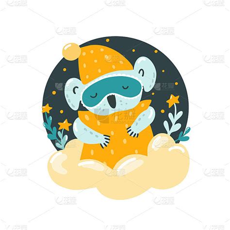 可爱的考拉抱着枕头在云上睡觉。晚安，各位。儿童房间的装饰。贴纸。打印在睡衣上。矢量图