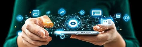 Womans Hands Interacting With Smartphone Network And Icon Hologram Technology Concept Stock