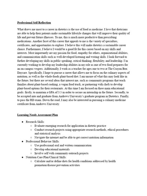 Portfolio Self Reflection Pdf Dietitian Diet Nutrition
