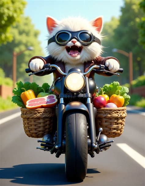 Chubby White Cat Riding Motorcycle With Groceries Stock Image Image