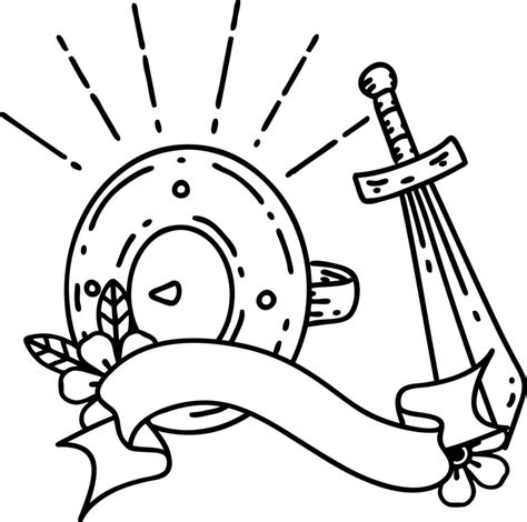 Scroll Banner With Black Line Work Tattoo Style Shield And Sword