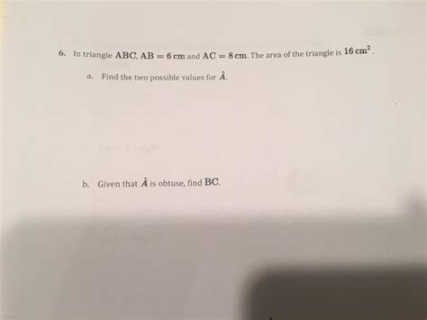 Solved In Triangle Abc Ab 6cm And Ac 8cm The Area Of