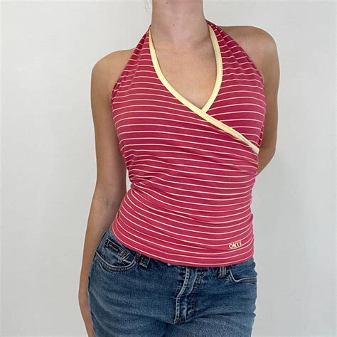 Super Cute Pink And Yellow Striped Halter Neck Depop