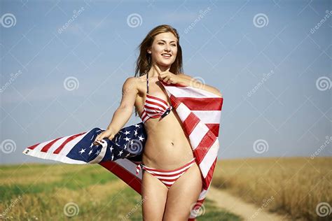 Woman In American Flag Bikini In A Wheat Field Stock Image Image Of