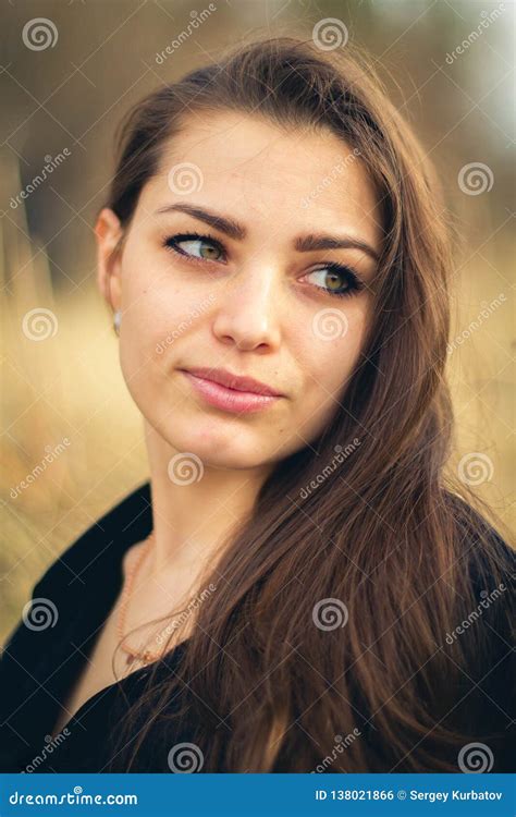 A Beautiful Brunette Girl Posing In A Field On Autumn Art Photo Stock