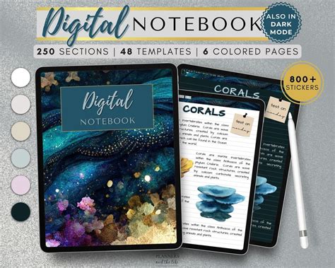 250 sections digital notebook in light and dark mode for goodnotes notability samsung notes